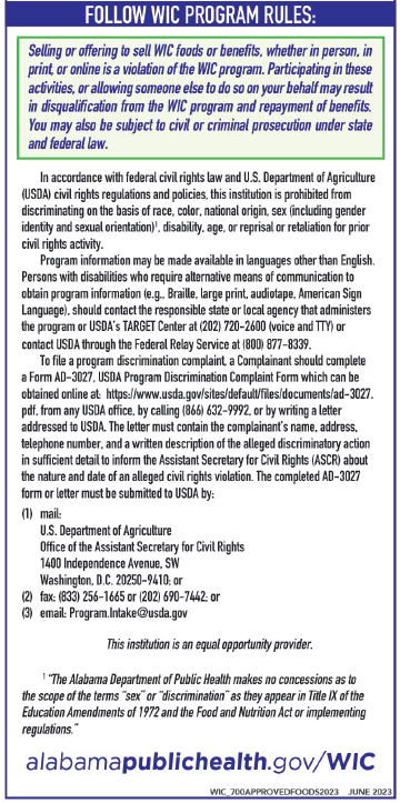 Alabama WIC Approved Food List English | JPMA, Inc.